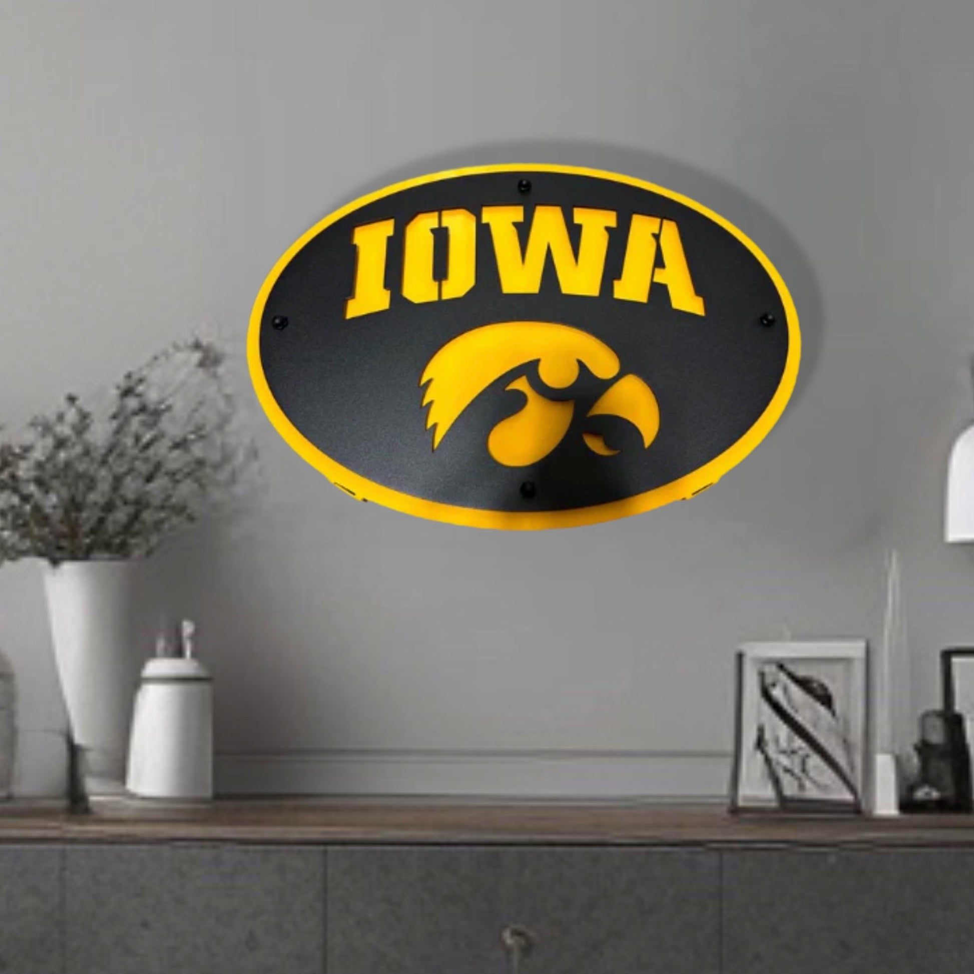 Iowa Hawkeyes 2 Layer Tigerhawk Oval – Premier Metal Art